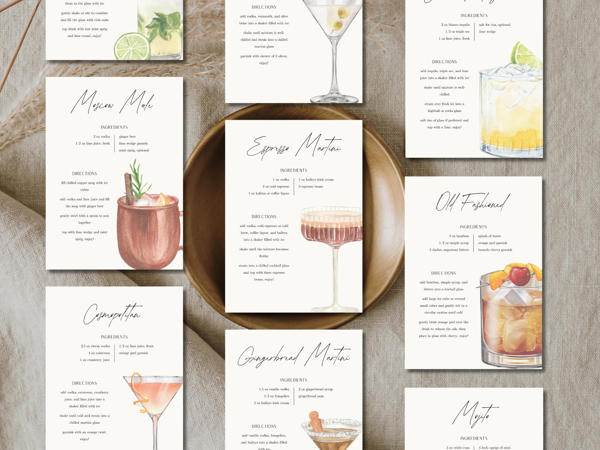 Cocktail Recipe Card Printable, Eight Printable Recipe Cards, Cocktail ...