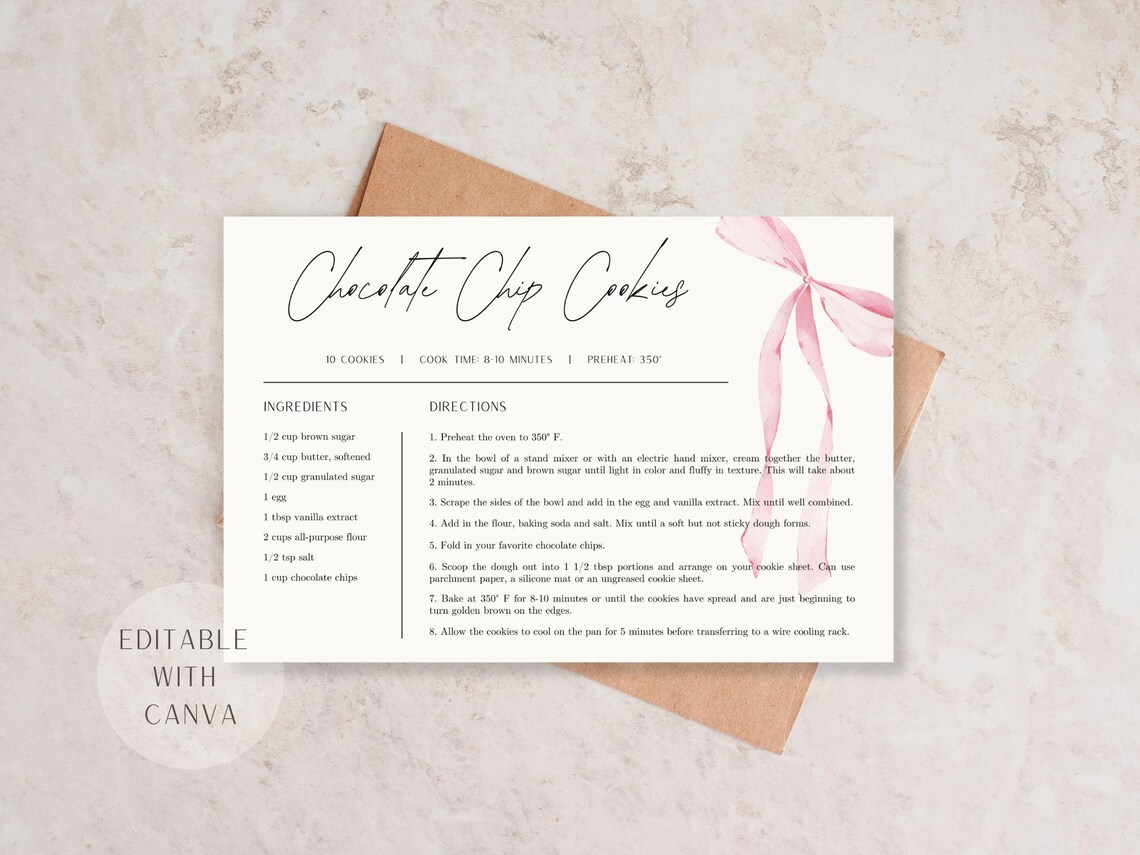 Editable Recipe Card Template, Minimalist Pink Bow Recipe Card ...