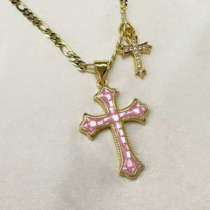 14k Gold Cross Necklace, Pink Cross Pendant, Shell Cross Pendant, Opal ...