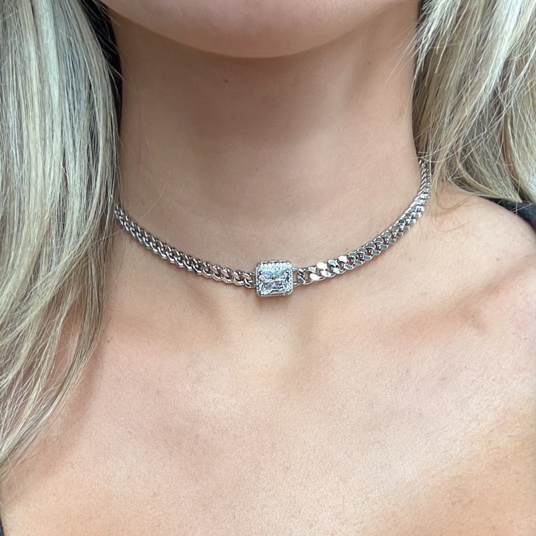Bling Cuban Link Choker Necklace in 14k White Gold, Miami Cuban Link ...