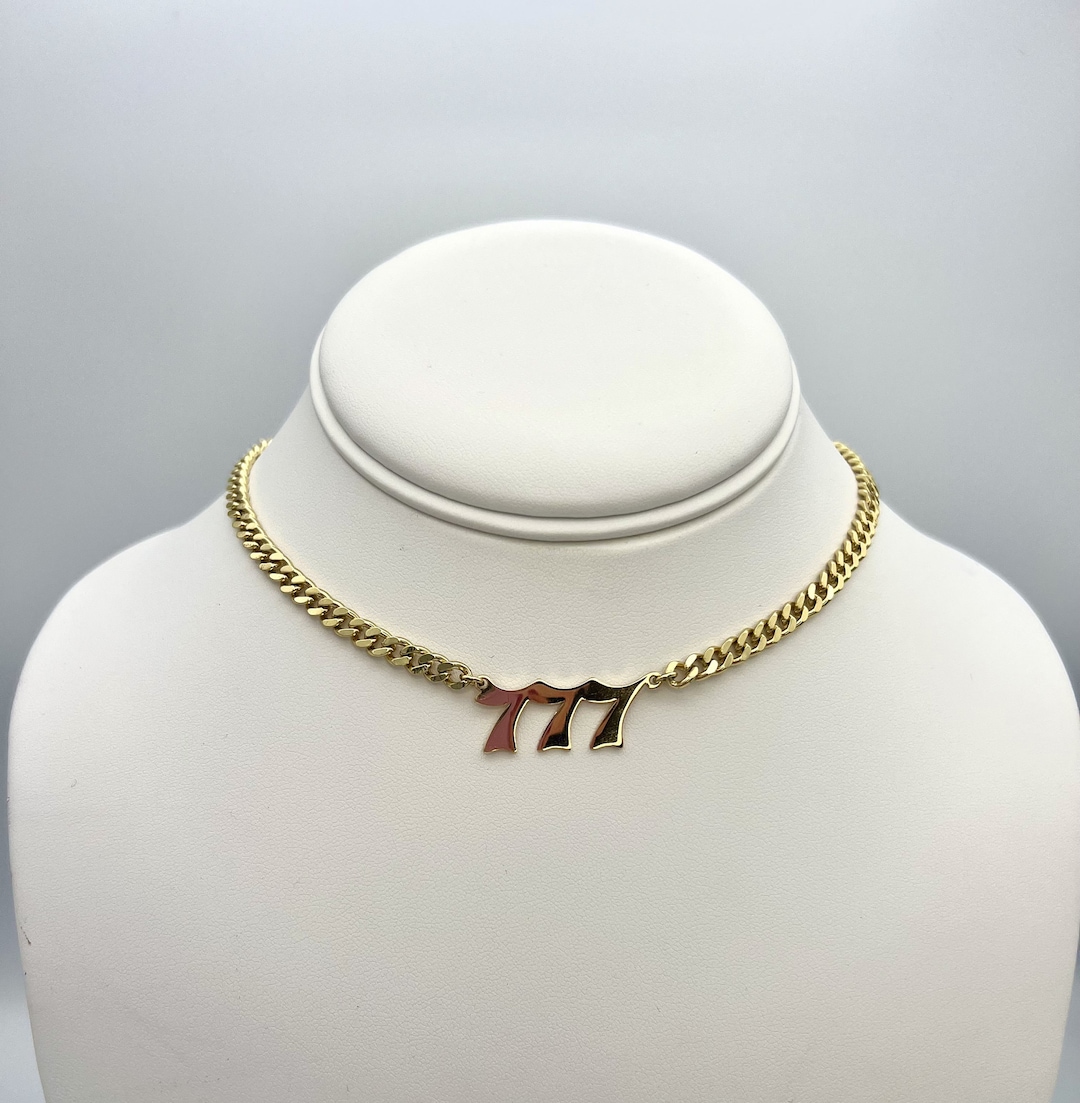 Gold 777 Necklace 14k Gold Necklace Angel Number Pendant Cuban Link ...