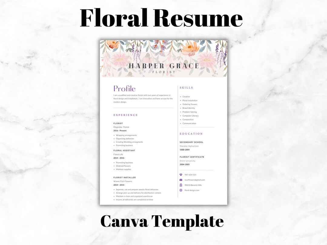 Floral Watercolor Feminine Florist Canva Template Resume - Etsy