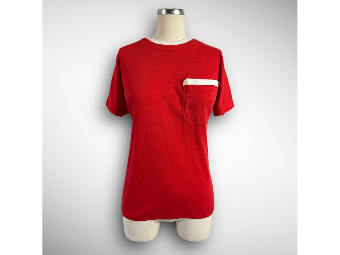 Vtg 70s Red Pocket Tee Shirt W/ White Double Collar L Single Stitch ...