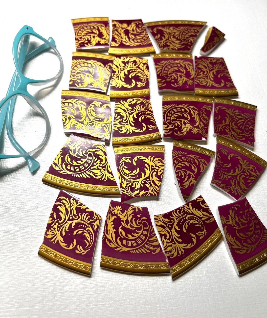 GORGEOUS Vintage Burgundy and Gold China Tiles Wheeling Decorating Co ...