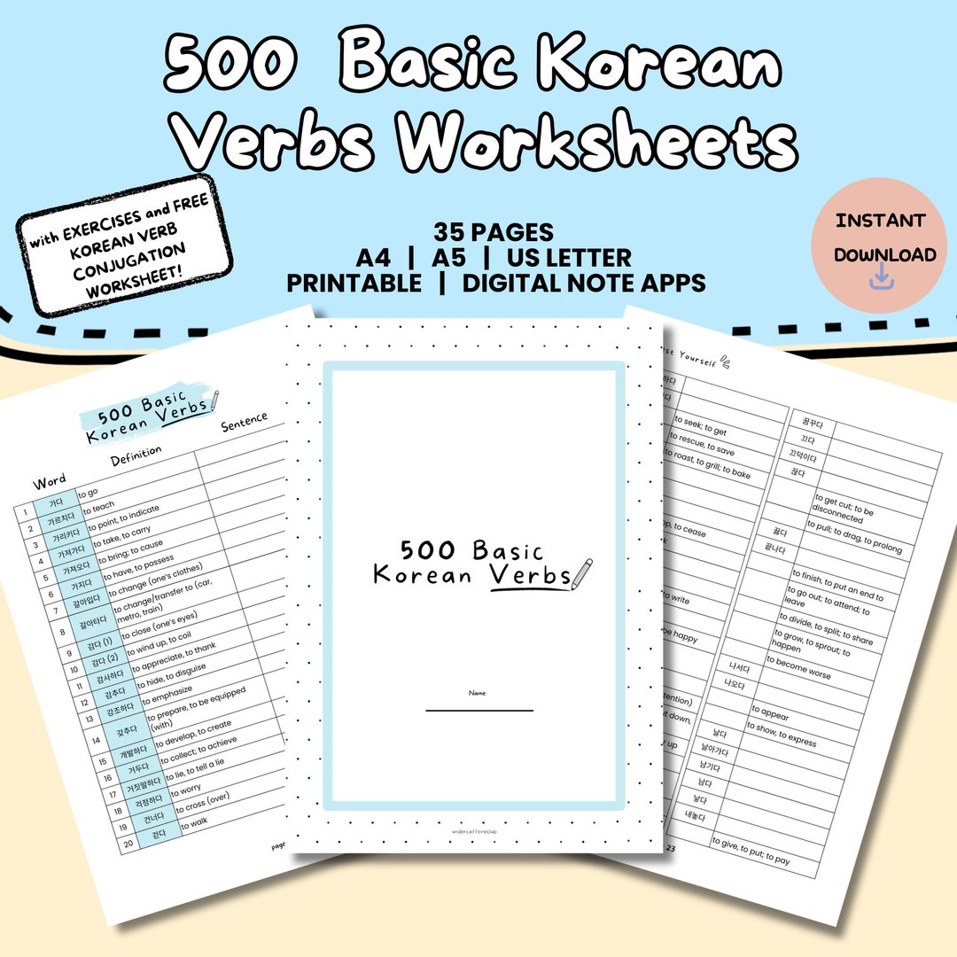 500 Basic Korean Verbs Worksheet Study Pack Learn Vocabulary - Etsy