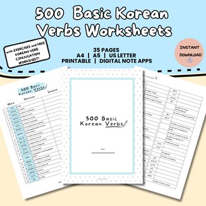 500 Basic Korean Verbs Worksheet Study Pack Learn Vocabulary - Etsy