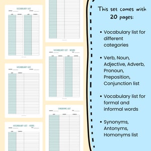 Language Learning Printables Vocabulary List Bundle Worksheet Pack ...