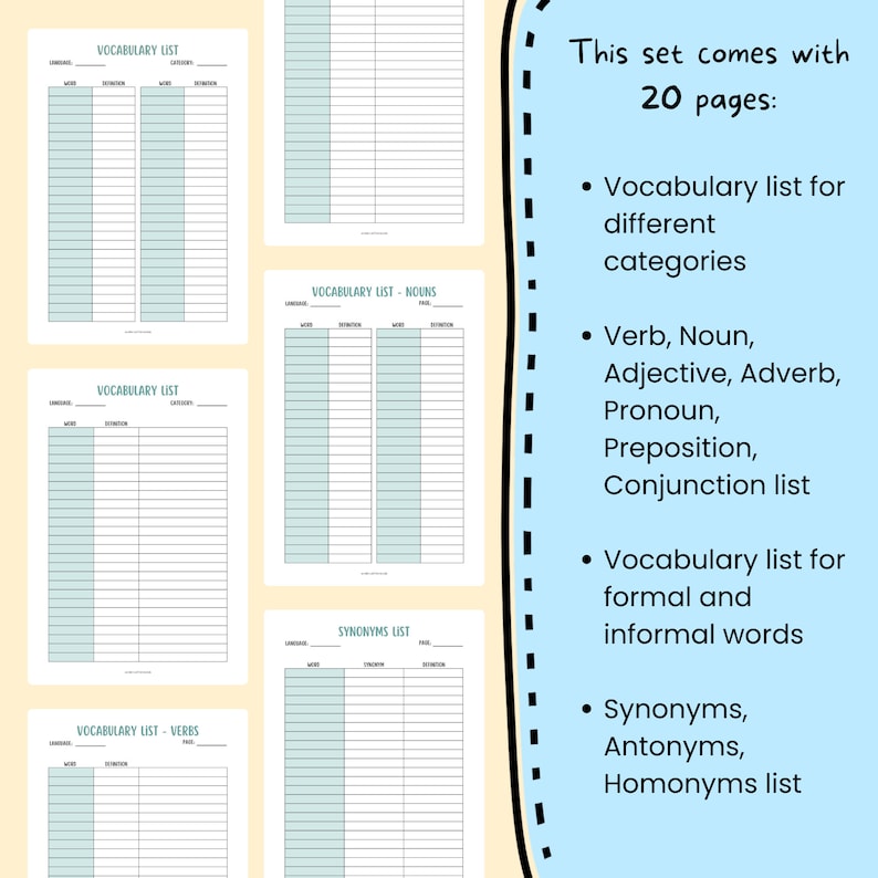 Language Learning Printables Vocabulary List Bundle Worksheet Pack ...