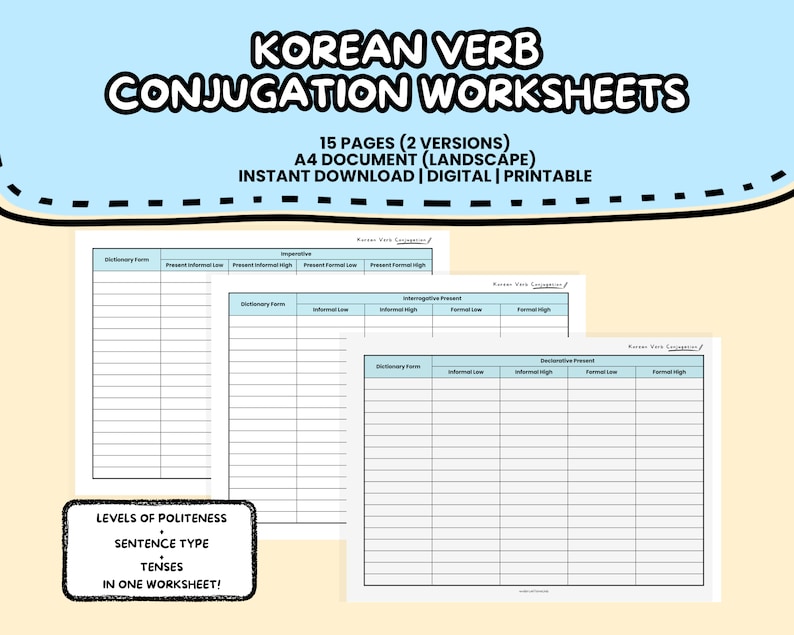 Korean Verb Conjugation Worksheet Practice Study Pack | Digital ...