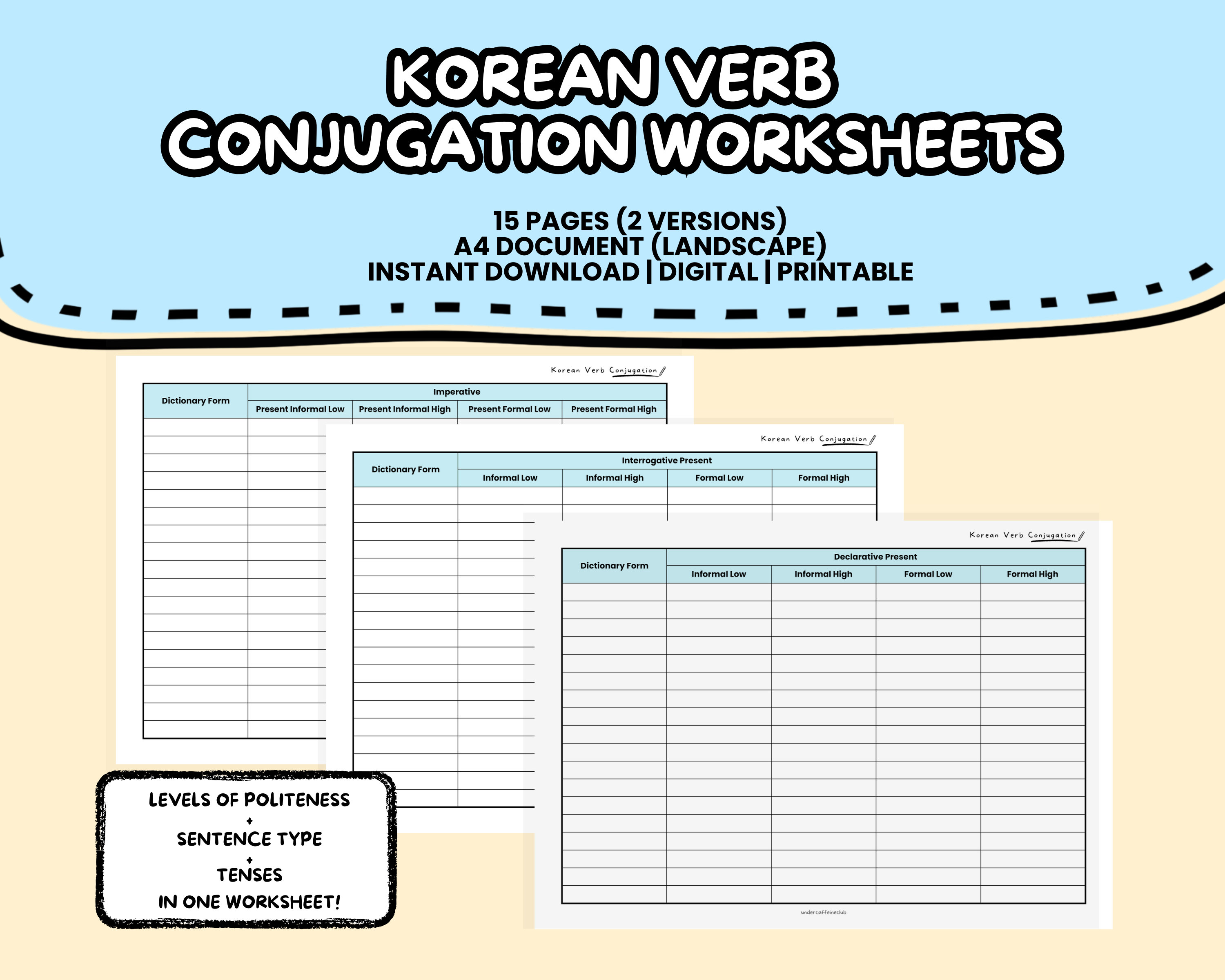 Korean Verb Conjugation Worksheet Practice Study Pack | Digital ...