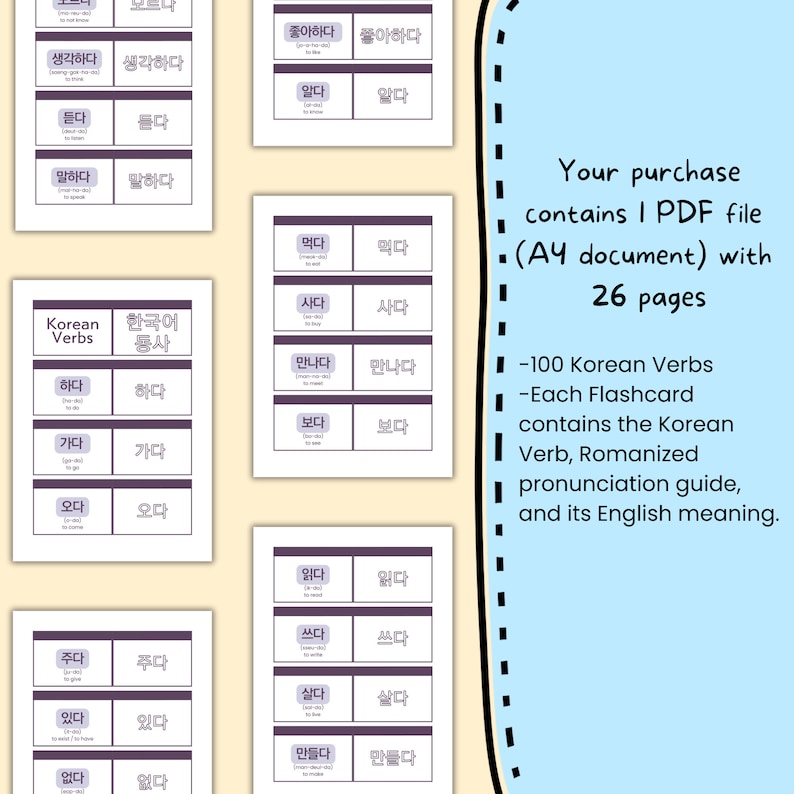 Korean Verbs Flashcards Printable Digital Download Learn Basic Action Vocabulary Flash Cards for ...