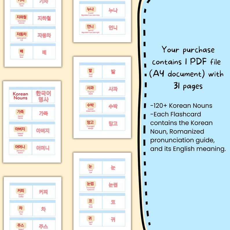Korean Nouns Flashcards Printable Digital Download | Learn Basic ...