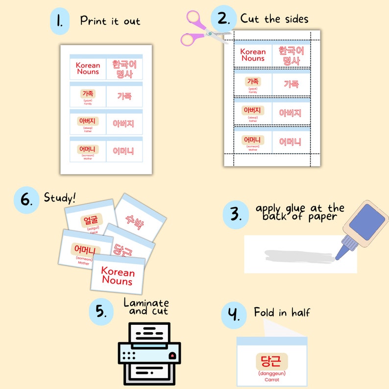 Korean Nouns Flashcards Printable Digital Download Learn Basic ...