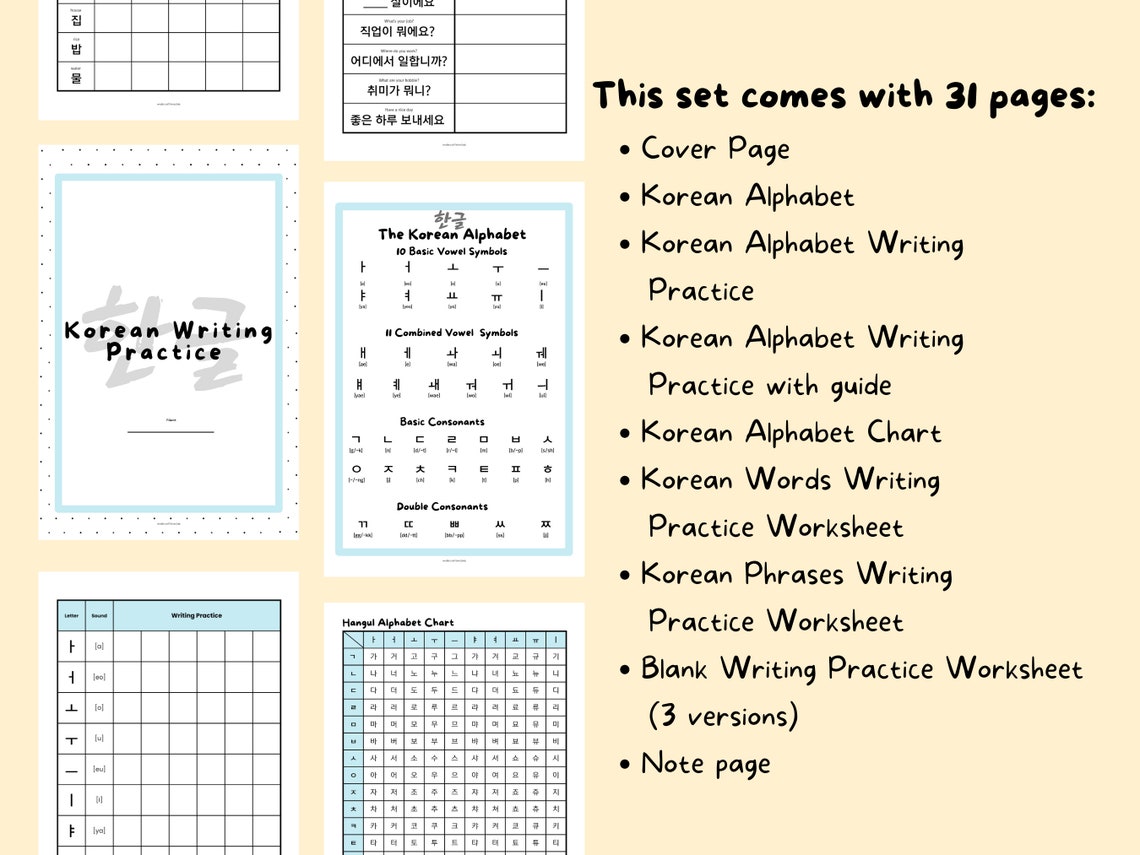 Korean Writing Practice Workbook Study Pack Hangul Alphabet - Etsy