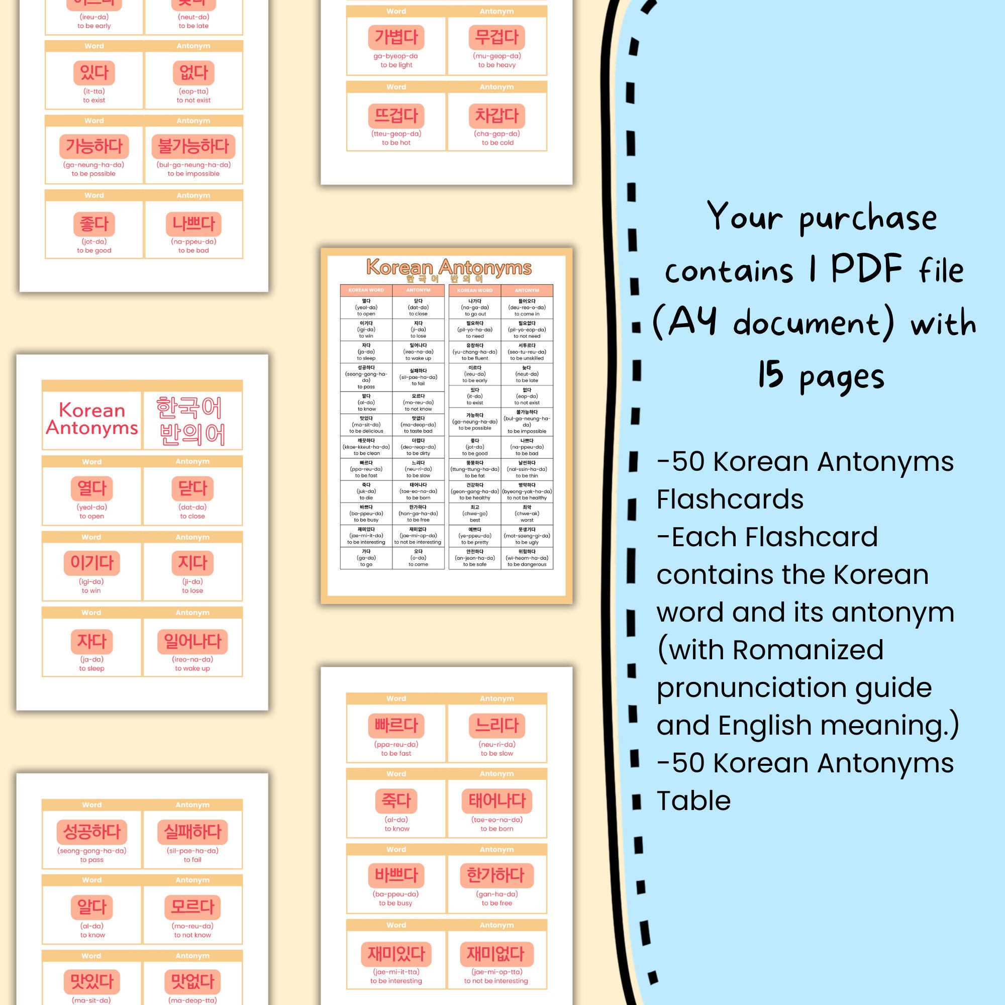 Korean Antonyms Flashcards Printable Digital Download | Learn Basic ...