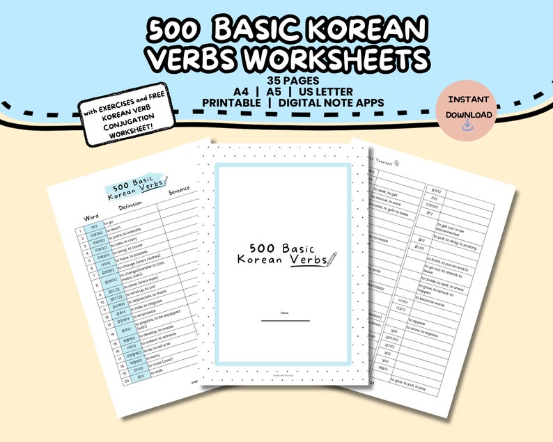 500 Basic Korean Verbs Worksheet Study Pack | Learn Vocabulary Words | Instant Download ...