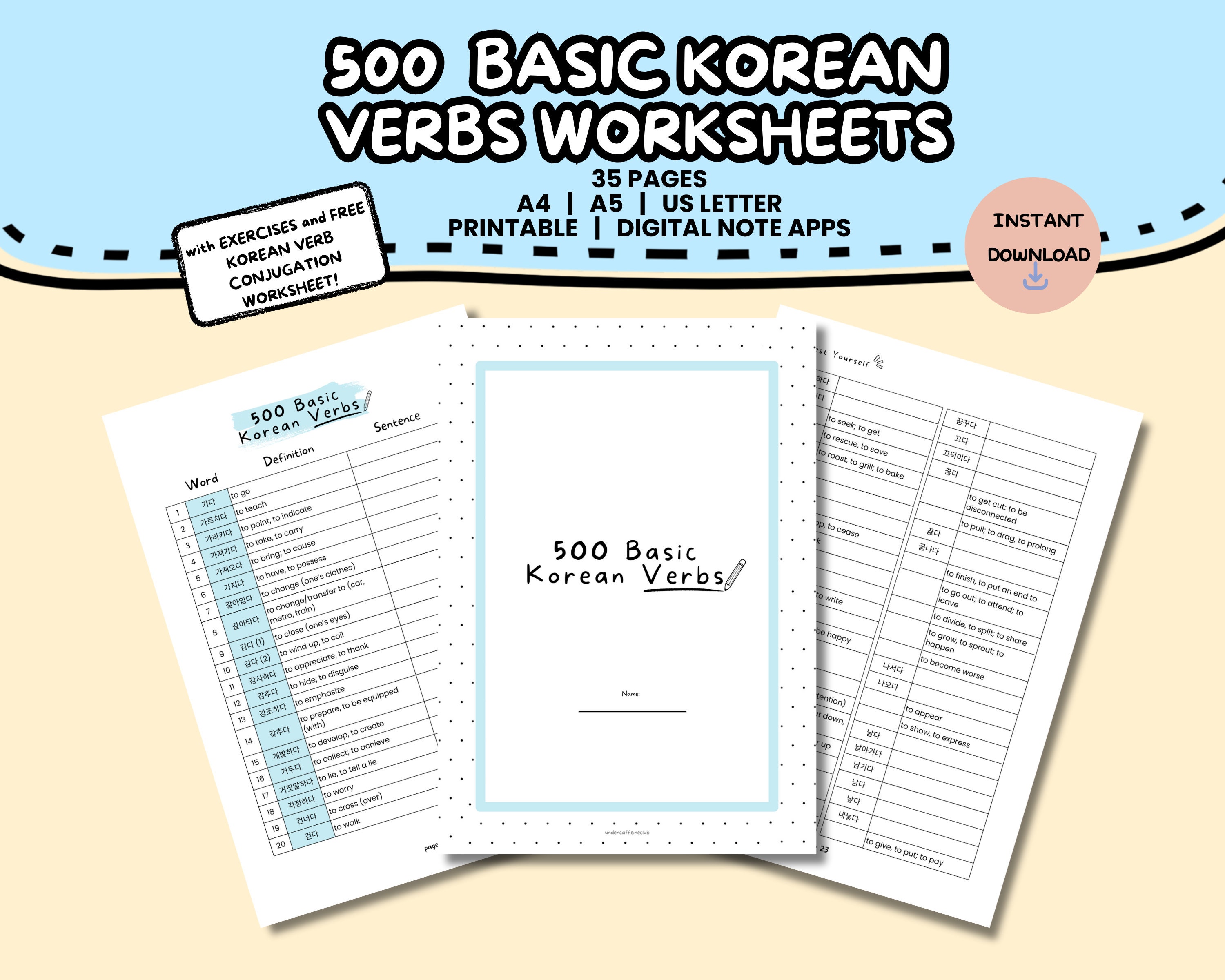 500 Basic Korean Verbs Worksheet Study Pack | Learn Vocabulary Words | Instant Download ...