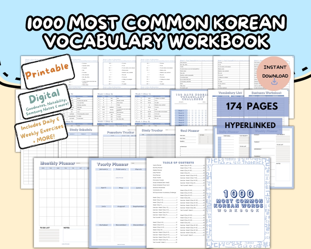 1000 Most Common Korean Words Workbook Study Pack | Learn Vocabulary ...