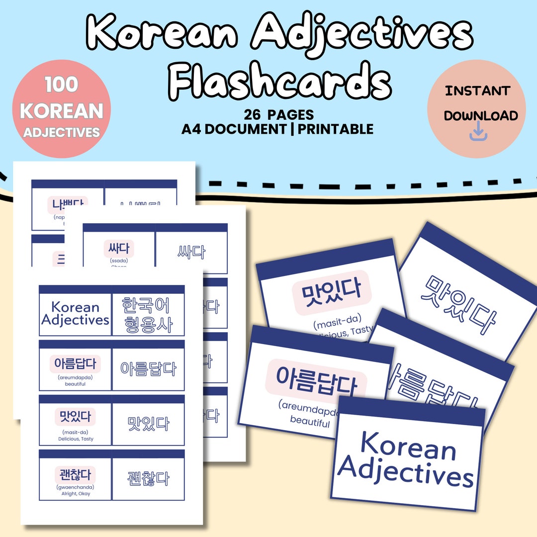 Korean Adjectives Flashcards Printable Digital Download | Learn Basic ...