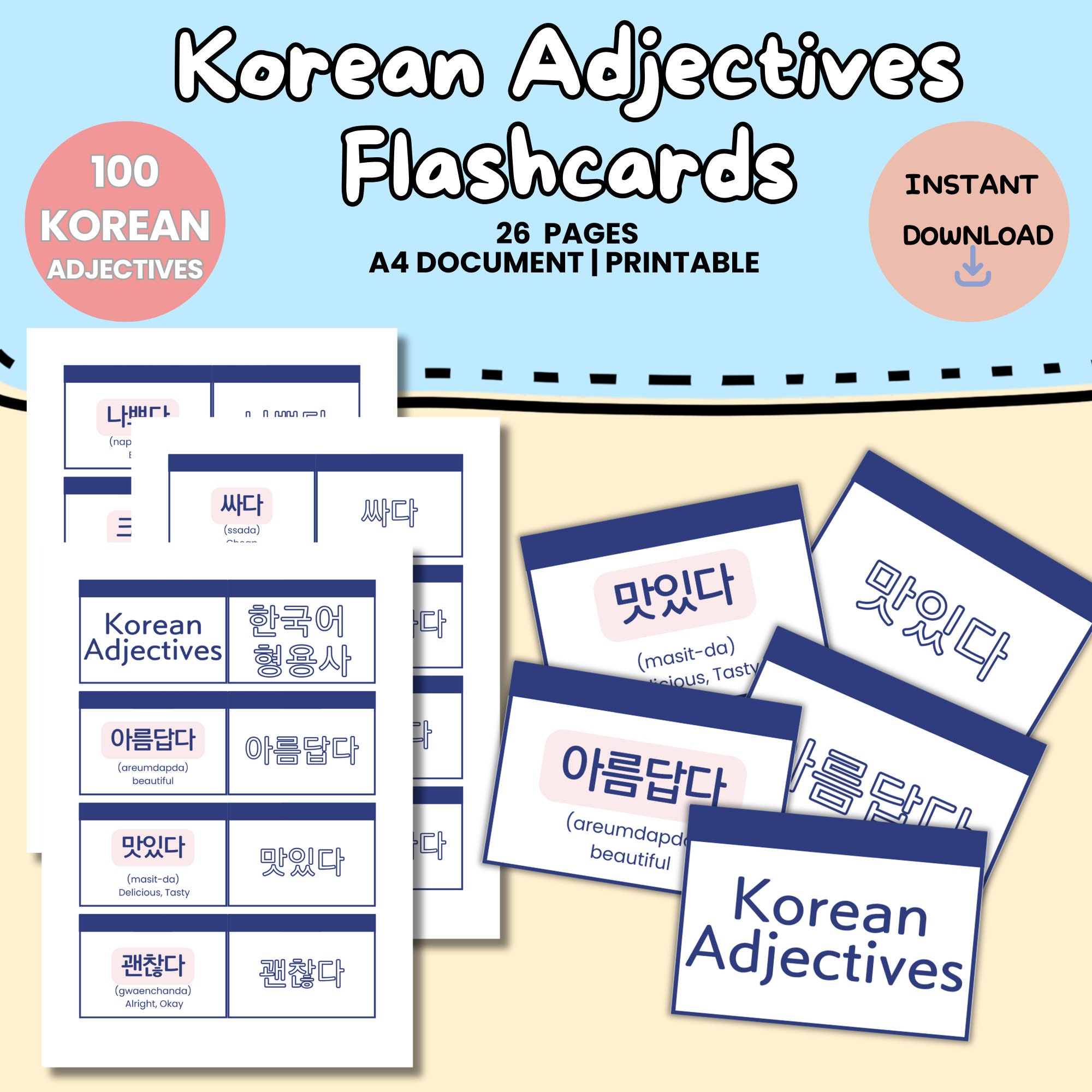 Korean Adjectives Flashcards Printable Digital Download | Learn Basic ...