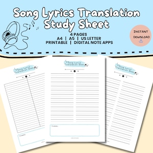 Song Lyrics Translation Worksheet Study Pack (Download Now) - Etsy
