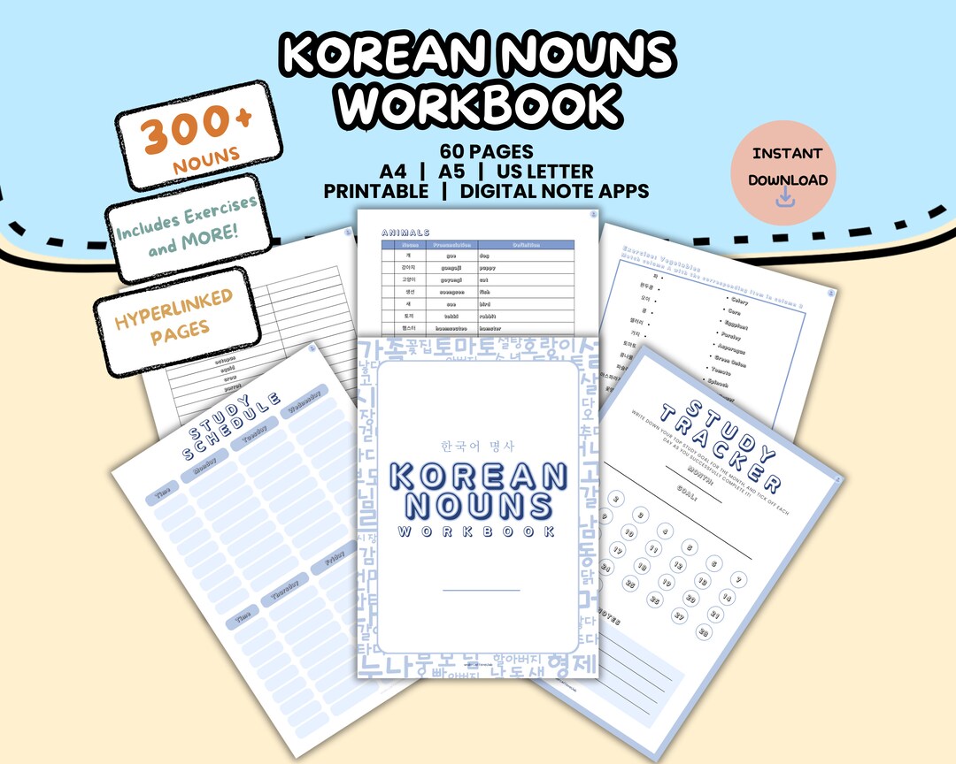 Korean Nouns Workbook Study Pack | Learn Vocabulary Words | Instant ...