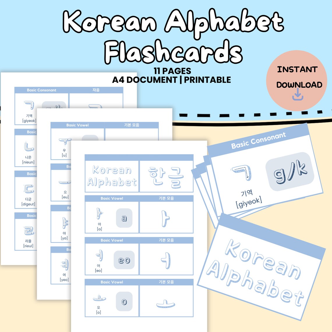 Korean Alphabet Flashcards Printable Digital Download | Hangul Flash ...