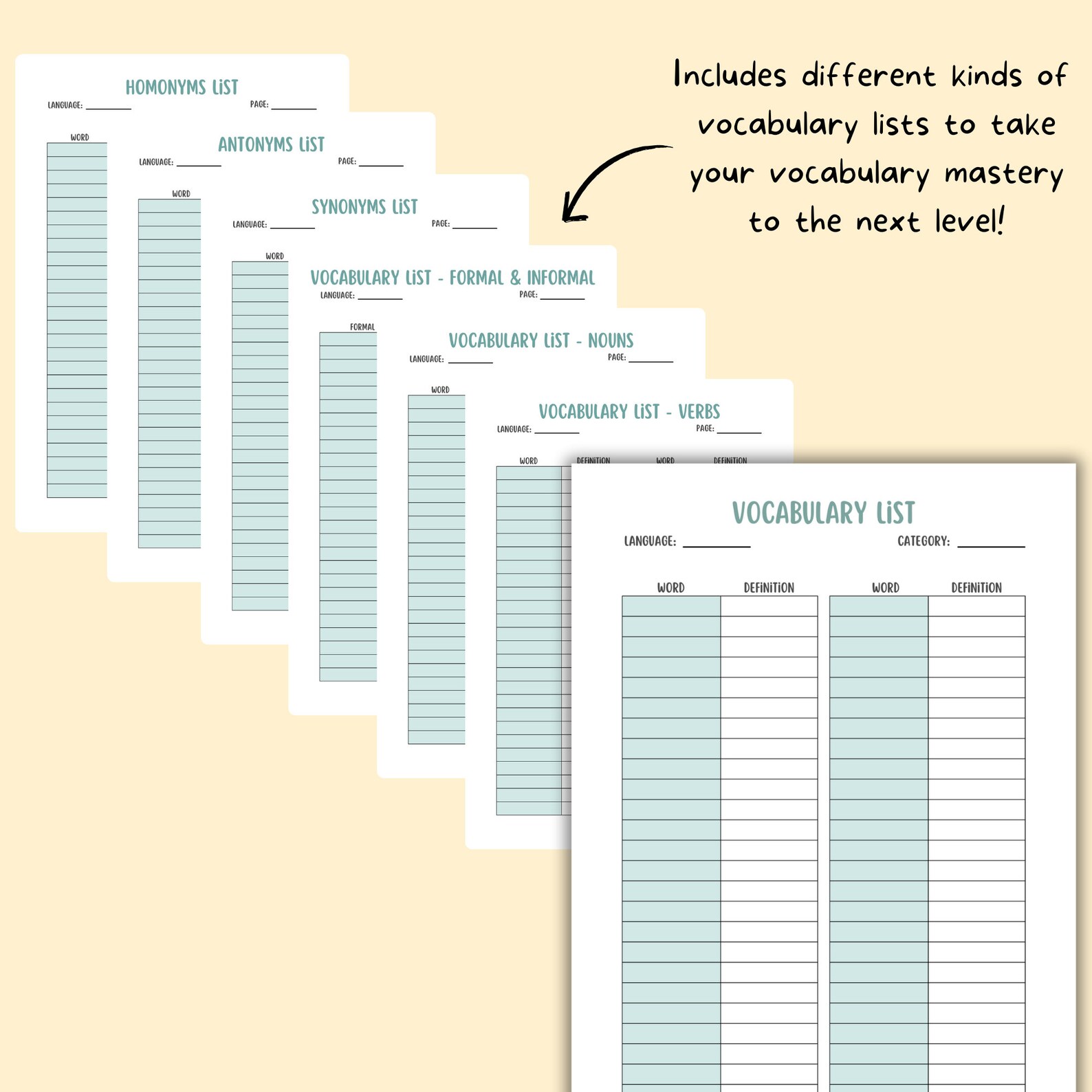 Language Learning Printables Vocabulary List Bundle Worksheet Pack ...