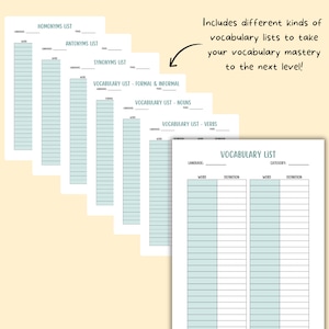 Language Learning Printables Vocabulary List Bundle Worksheet Pack ...