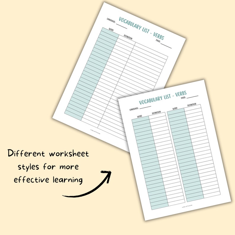 Language Learning Printables Vocabulary List Bundle Worksheet Pack ...