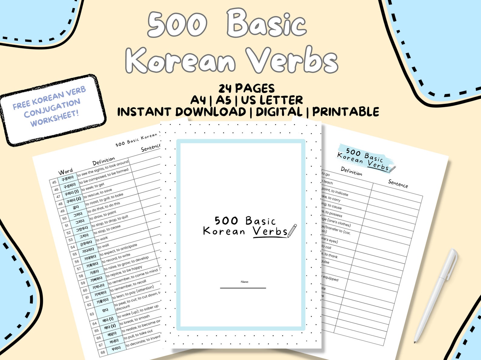 500 Basic Korean Verbs Worksheet Study Pack Digital Download - Etsy