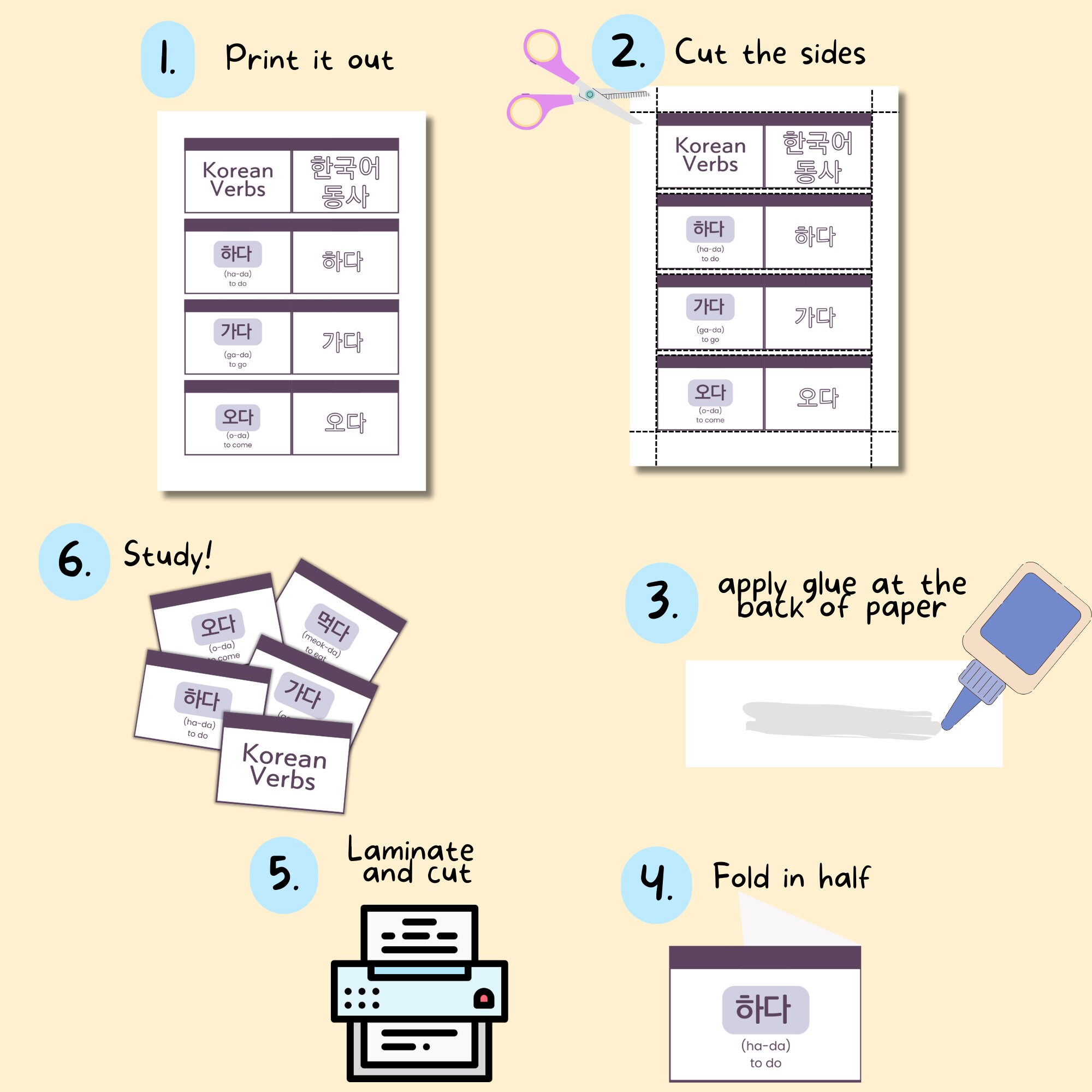 Korean Verbs Flashcards Printable Digital Download Learn Basic Action ...