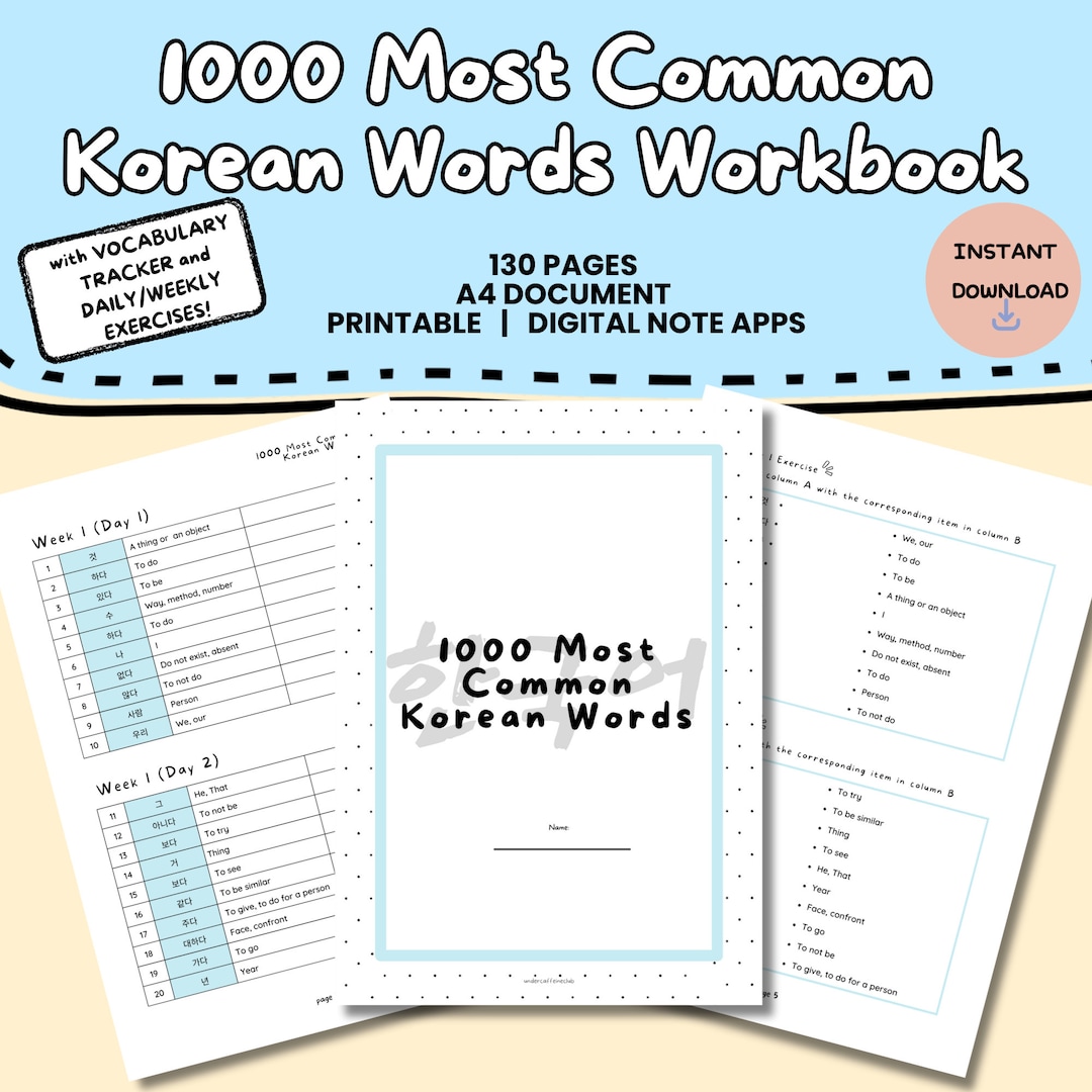 1000 Most Common Korean Words Workbook Study Pack Learn Vocabulary ...