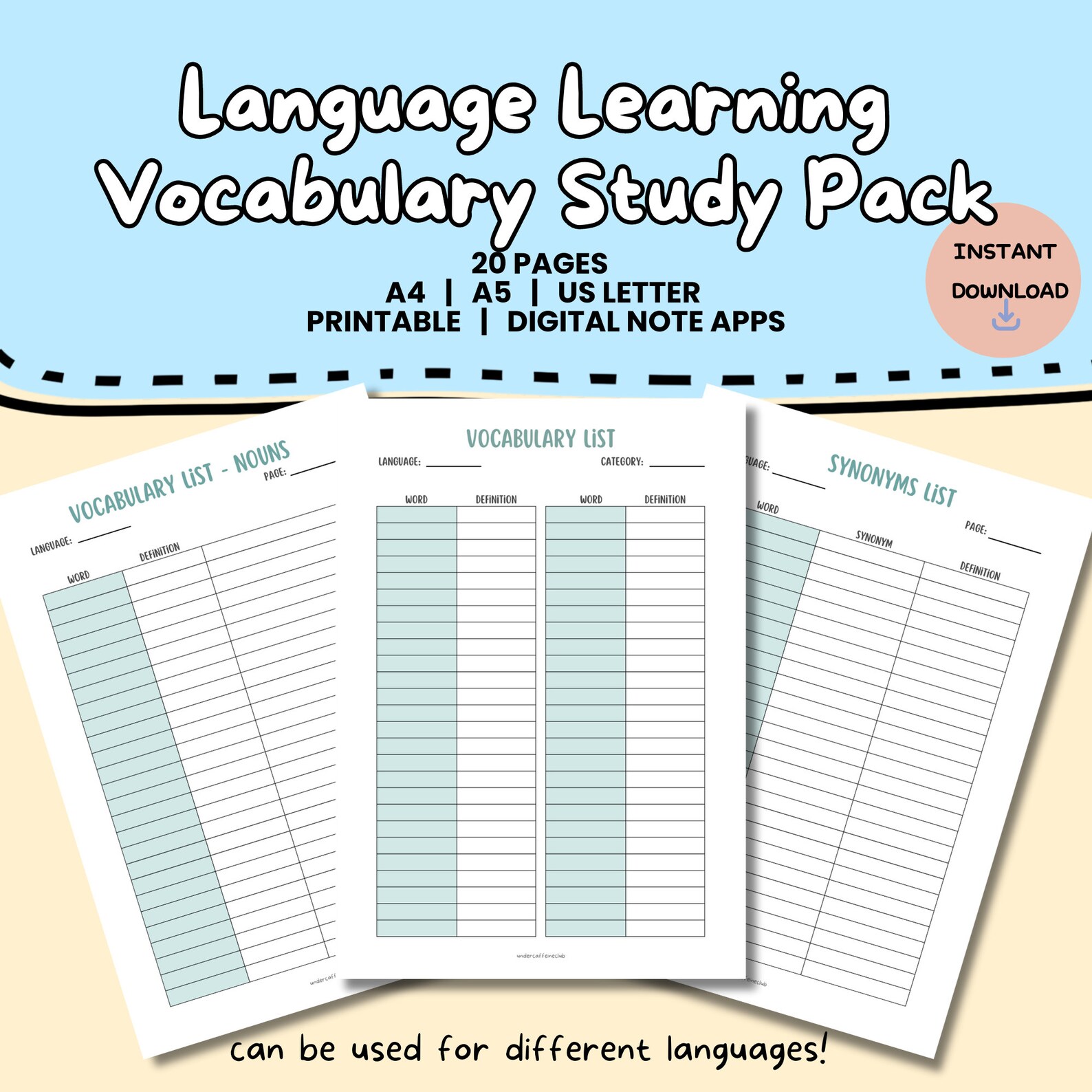 Language Learning Printables Vocabulary List Bundle Worksheet Pack ...