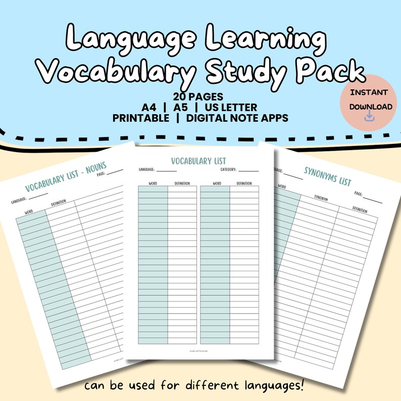 Language Learning Printables Vocabulary List Bundle Worksheet Pack ...