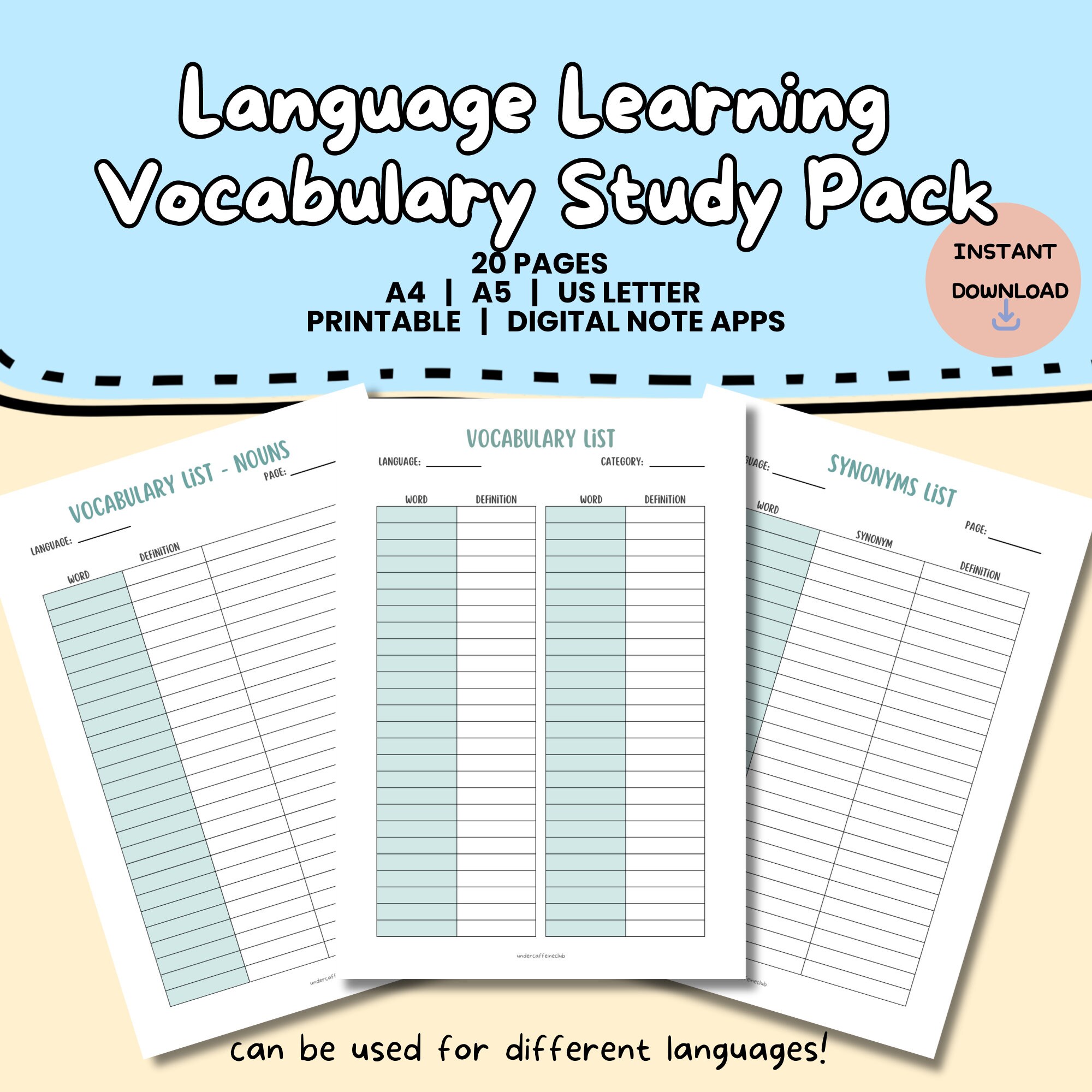 Language Learning Printables Vocabulary List Bundle Worksheet Pack ...