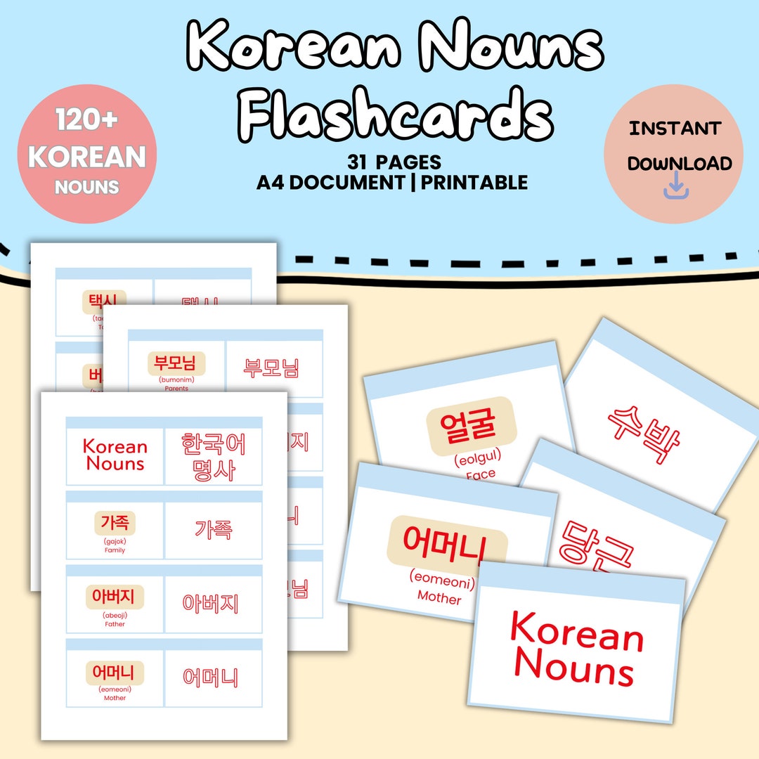 Korean Nouns Flashcards Printable Digital Download | Learn Basic ...