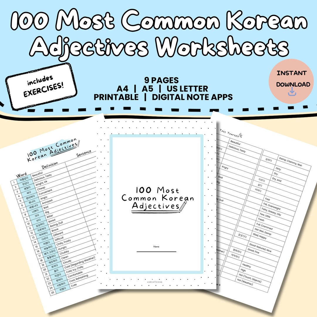 100 Most Common Korean Adjectives Study Pack Learn Vocabulary Words Instant Download Printable ...