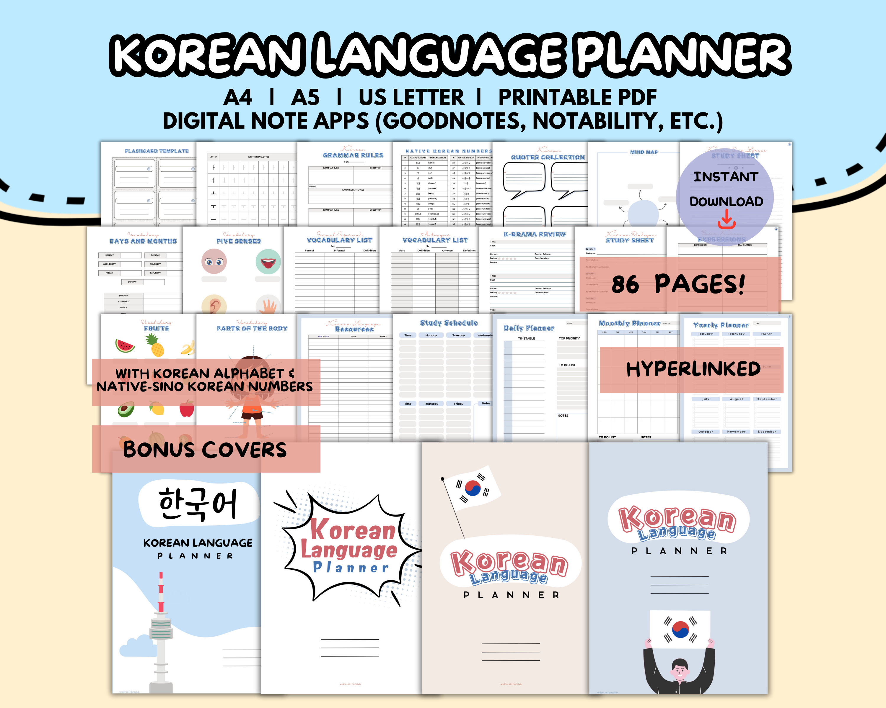 Korean Language Learning Planner Notebook | Printable Study Journal ...