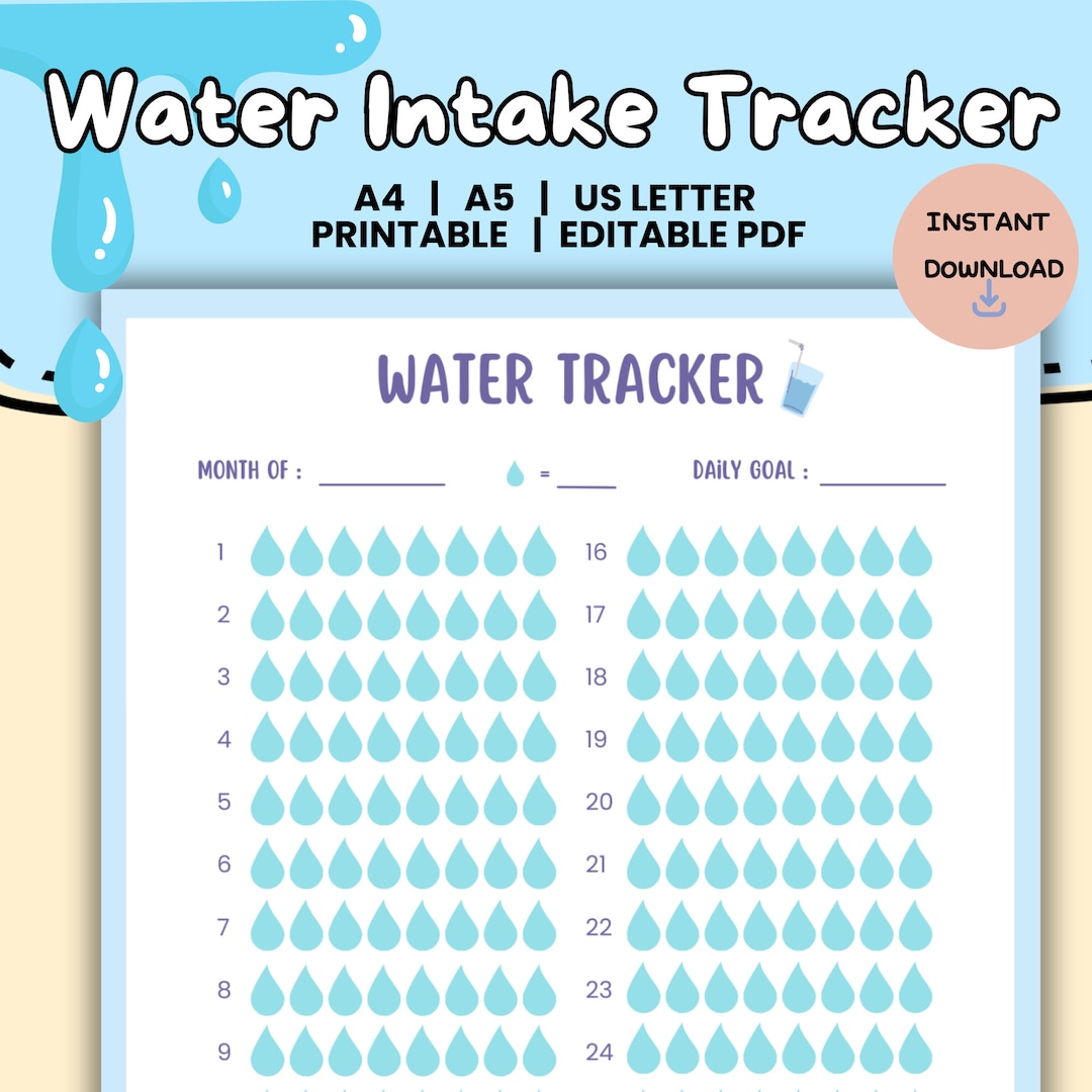 Editable Water Tracker Printable Monthly Water Intake - Etsy