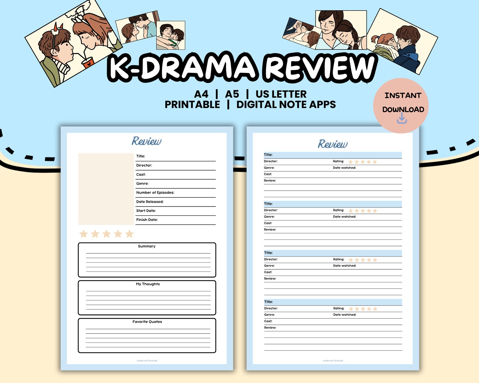 Digital K-drama Review Journal Inserts Printable Kdrama Planner Insert ...