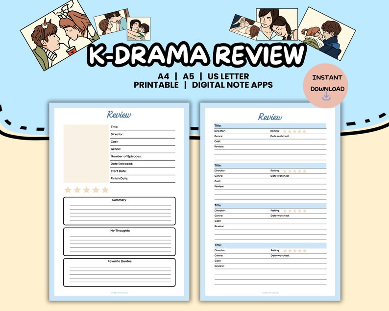 Digital K-drama Review Journal Inserts Printable Kdrama Planner Insert ...