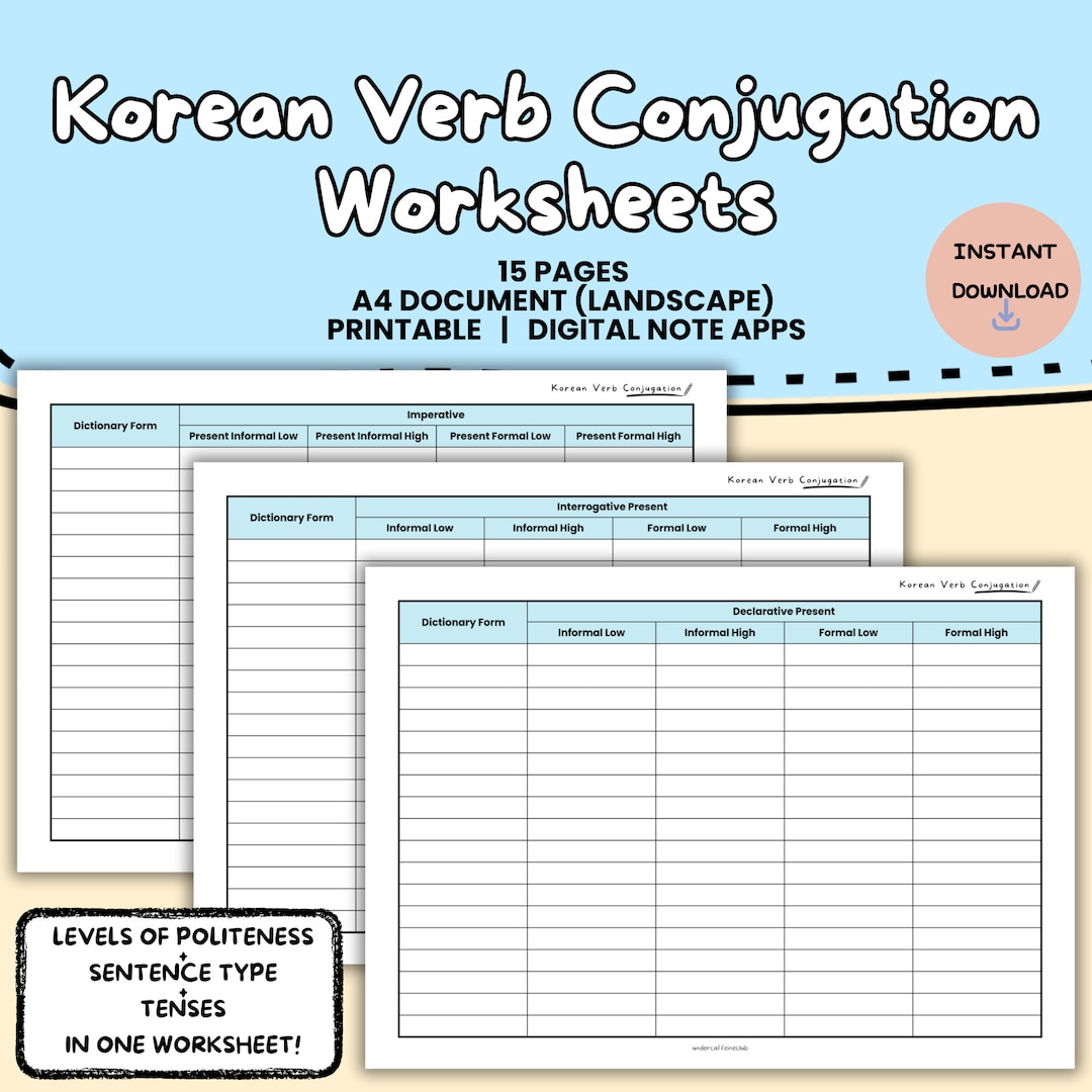 Korean Verb Conjugation Worksheet Practice Study Pack - Etsy