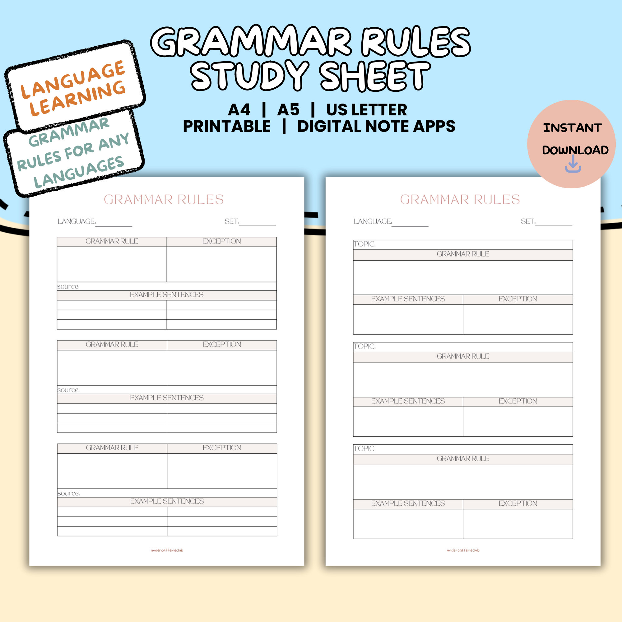 Printable Grammar Rules Study Worksheet Digital Language - Etsy