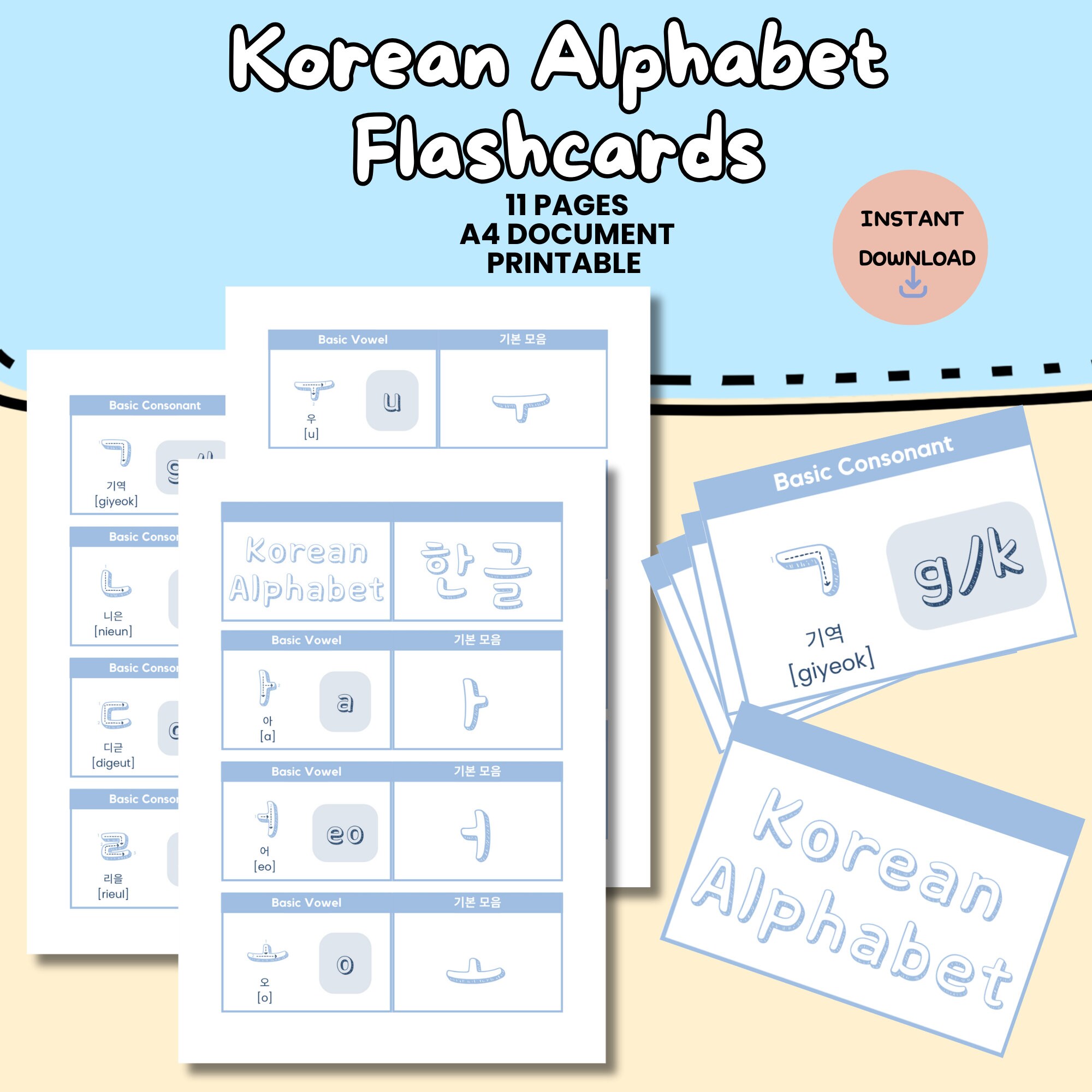 Korean Alphabet Flashcards Printable Digital Download Hangul - Etsy