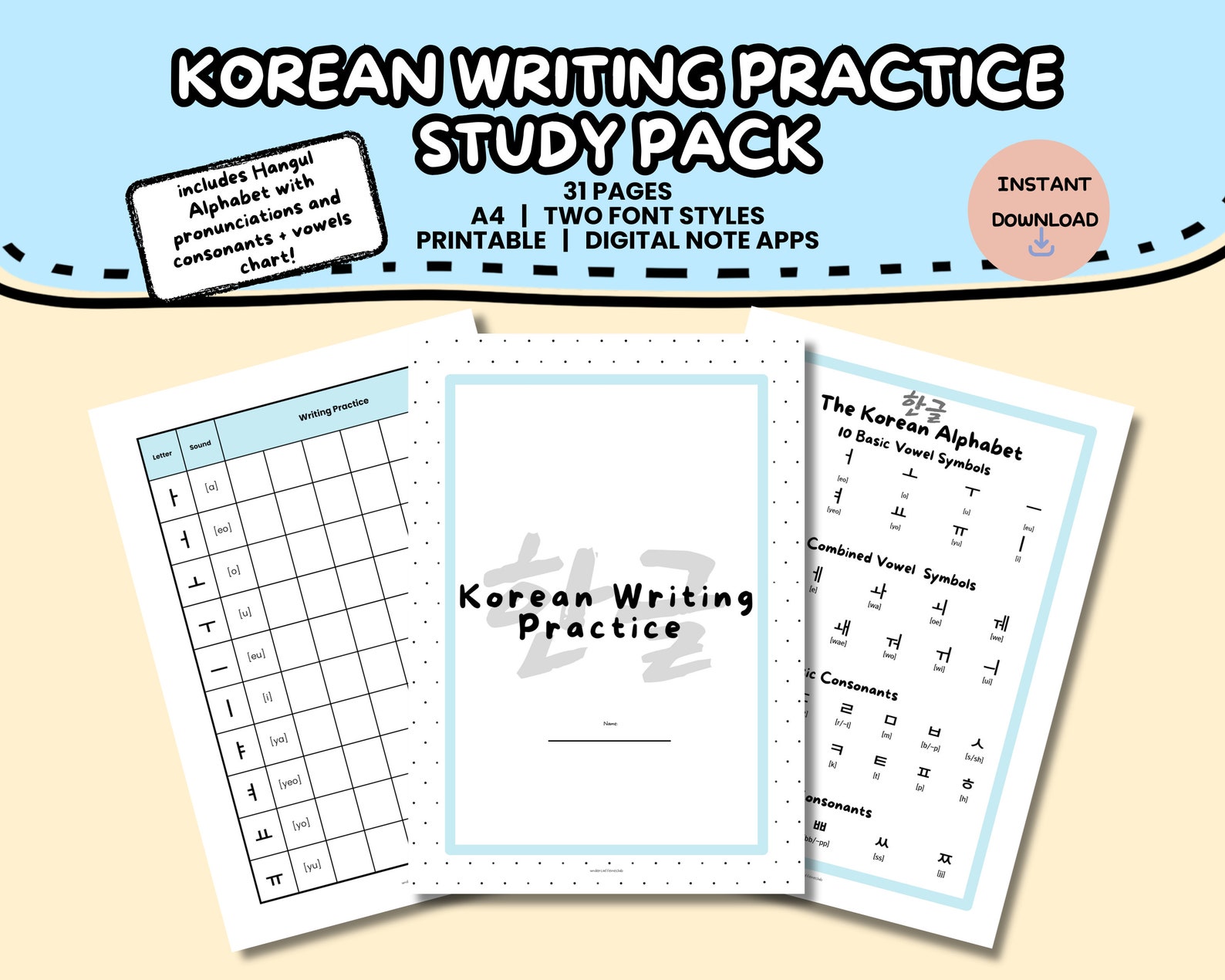 Korean Writing Practice Workbook Study Pack Hangul Alphabet Chart ...