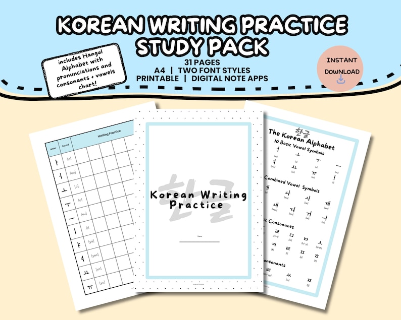 Korean Writing Practice Workbook Study Pack | Hangul Alphabet Chart ...