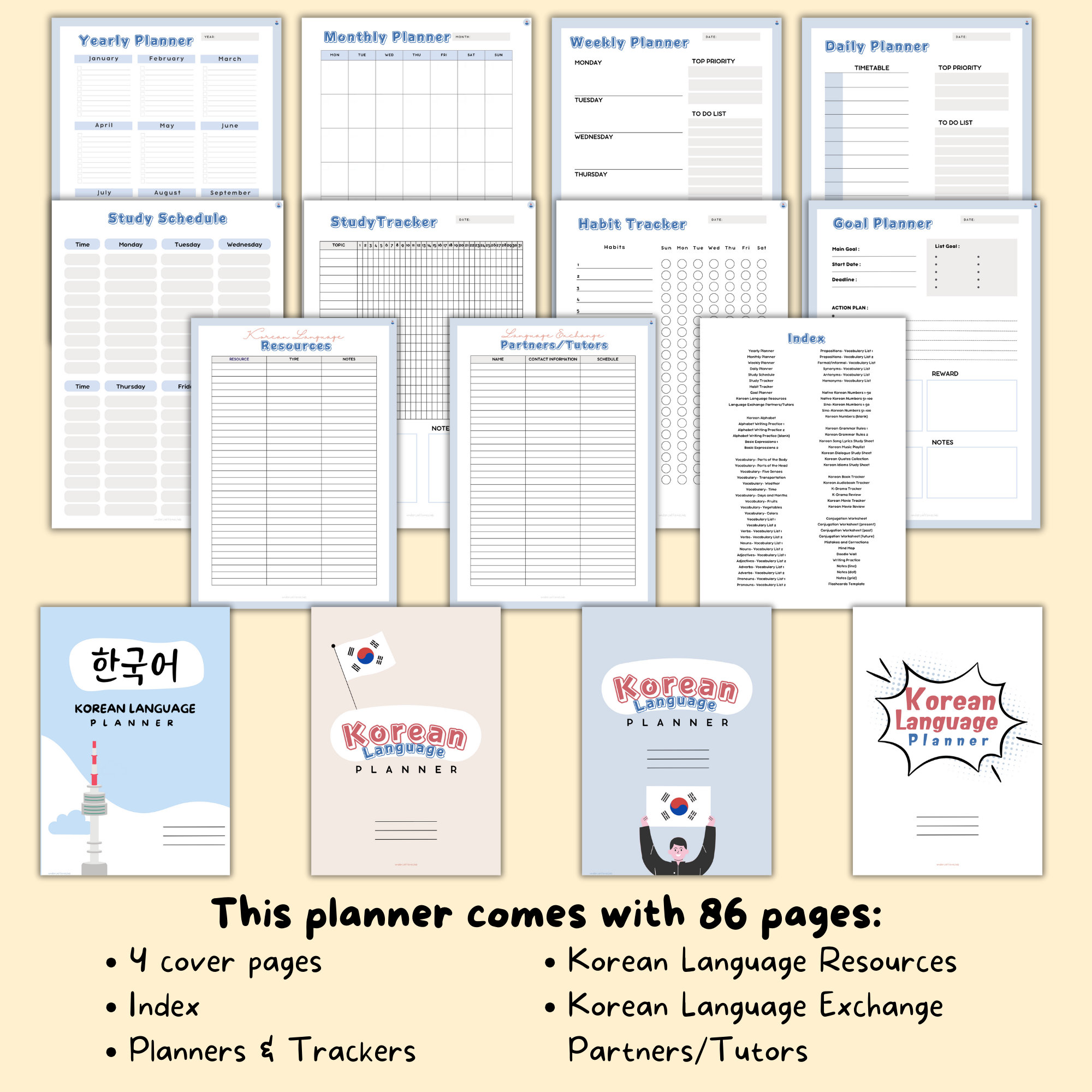 Korean Language Learning Planner Notebook Printable Study Journal ...