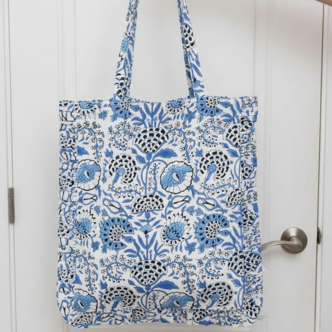 Indigo Blue Hand Block Printed Ruffle Bag, Handmade Boho Indian Floral ...