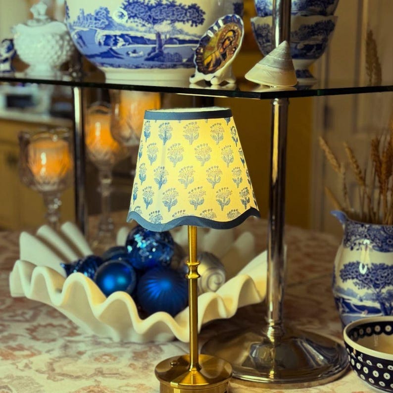 Apatite Blue Hand Block Printed Scallop Cotton & Iron Bell Lampshade ...